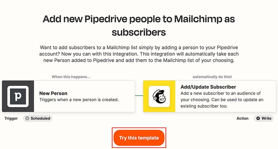 Zapier: Отправка контактов Pipedrive подписчикам Mailchimp - Knowledge Base | Pipedrive